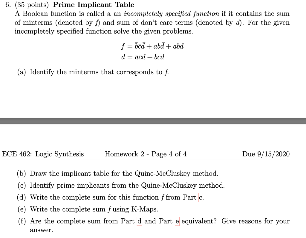 6 35 Points Prime Implicant Table A Boolean