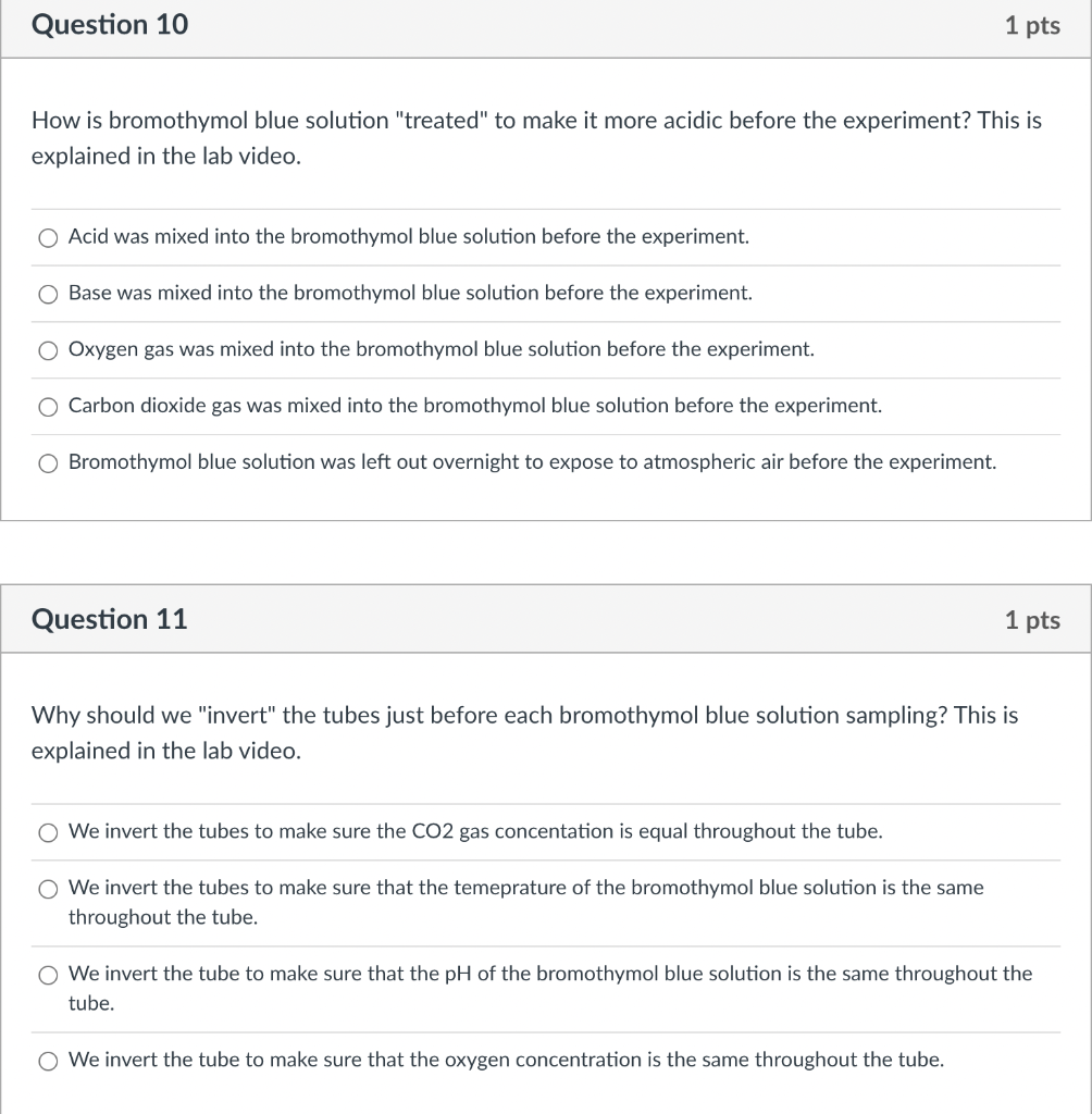 Solved Question 10 1 pts How is bromothymol blue solution | Chegg.com
