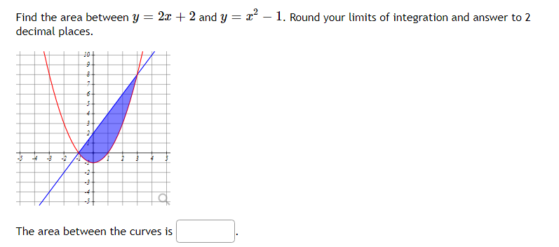 Solved = = Find the area between y = 2x + 2 and y = x² – 1. | Chegg.com