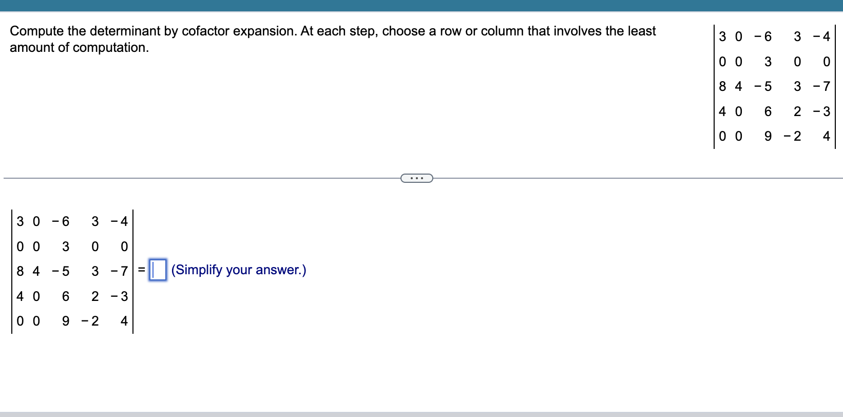 Compute the determinant by cofactor expansion. At | Chegg.com