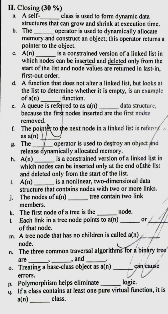 Solved II. Closing (30 %) a. A self class is used to form | Chegg.com