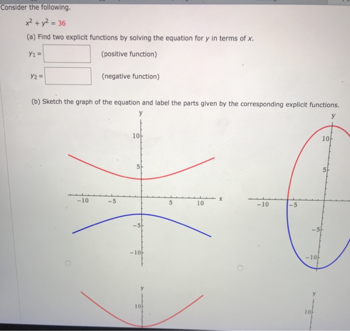 Solved x2 +y2 36 (a) Find two explicit functions by solving | Chegg.com