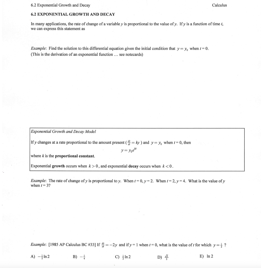 Solved 6.2 Exponential Growth and Decay Calculus 6.2 | Chegg.com