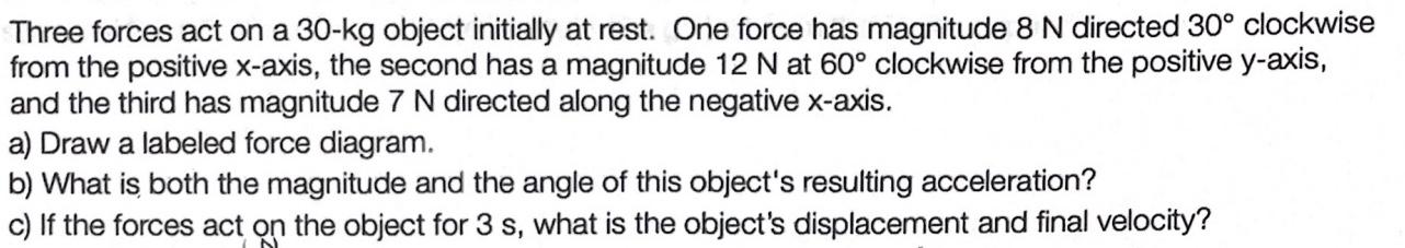 Solved Three forces act on a 30-kg object initially at rest. | Chegg.com