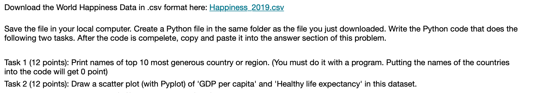 Solved Download the World Happiness Data in .csv format | Chegg.com