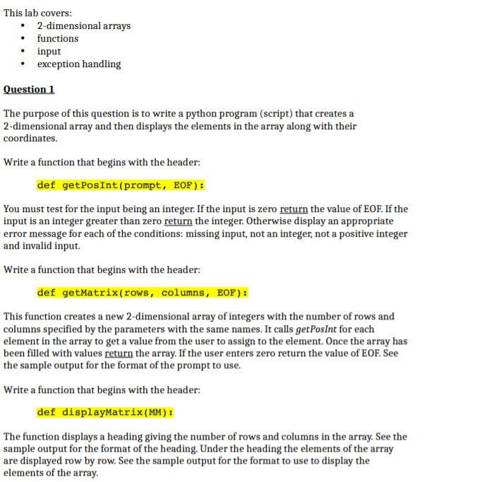 Solved This lab covers: • 2-dimensional arrays functions | Chegg.com