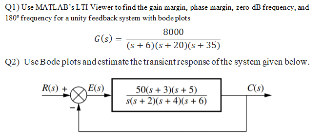 Solved Q1) Use MATLAB's LTI Viewer to find the gain margin, | Chegg.com