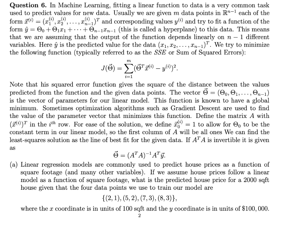 Question 6. In Machine Learning, fitting a linear | Chegg.com