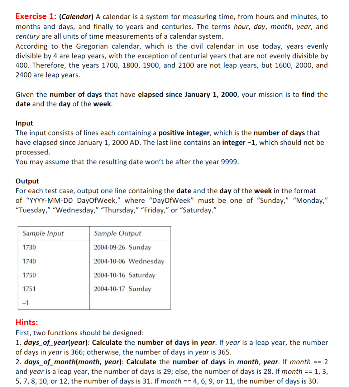 Solved Exercise 1: (Calendar) A calendar is a system for | Chegg.com
