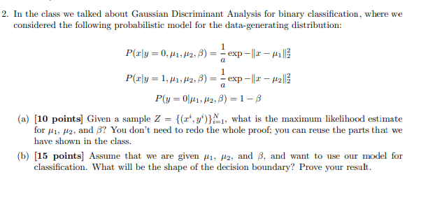 2. In the class we talked about Gaussian Discriminant | Chegg.com
