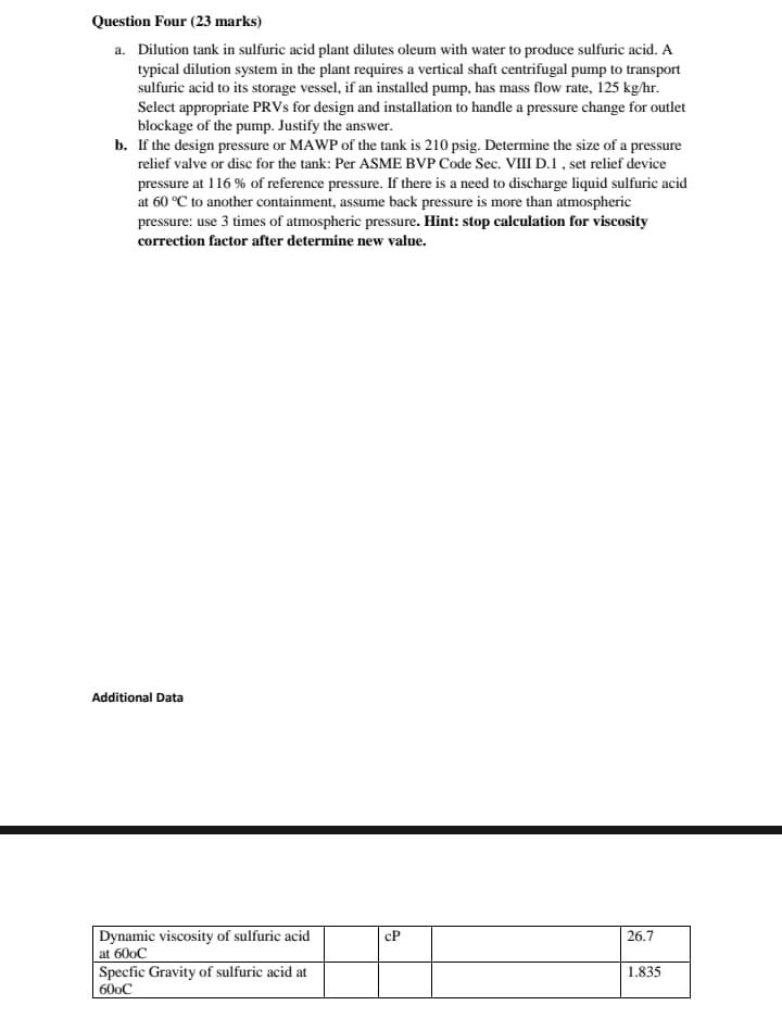 Solved Question Four (23 marks) a. Dilution tank in sulfuric | Chegg.com