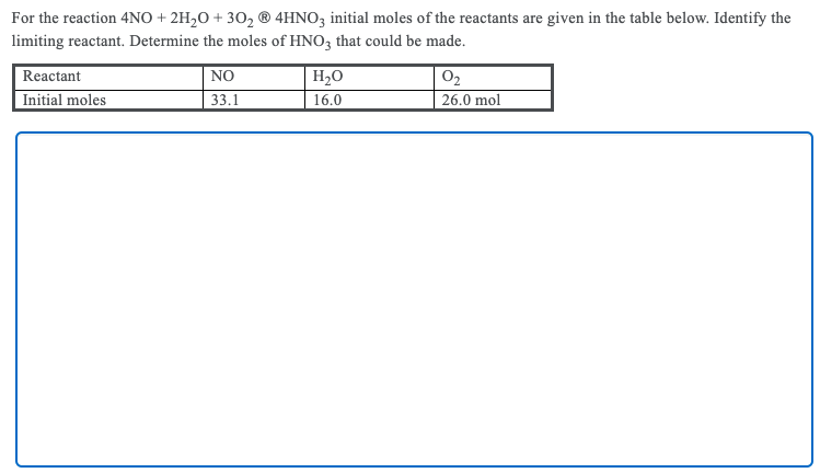 Solved For the reaction 4NO + 2H20 + 302 ® 4HNO3 initial | Chegg.com