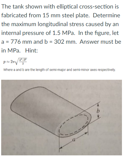 Solved The tank shown with elliptical cross-section is | Chegg.com