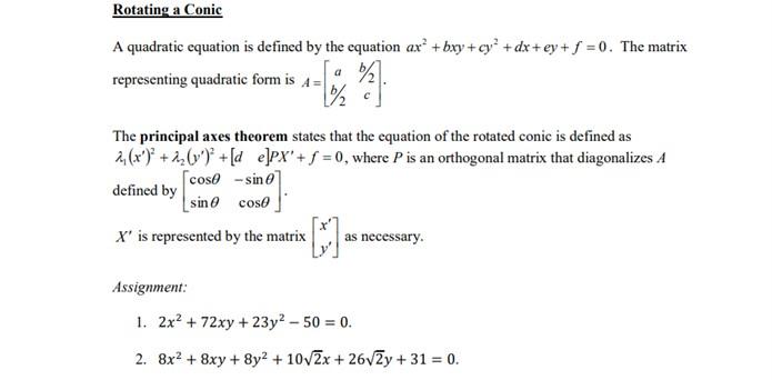 Solved Rotating a Conic A quadratic equation is defined by | Chegg.com