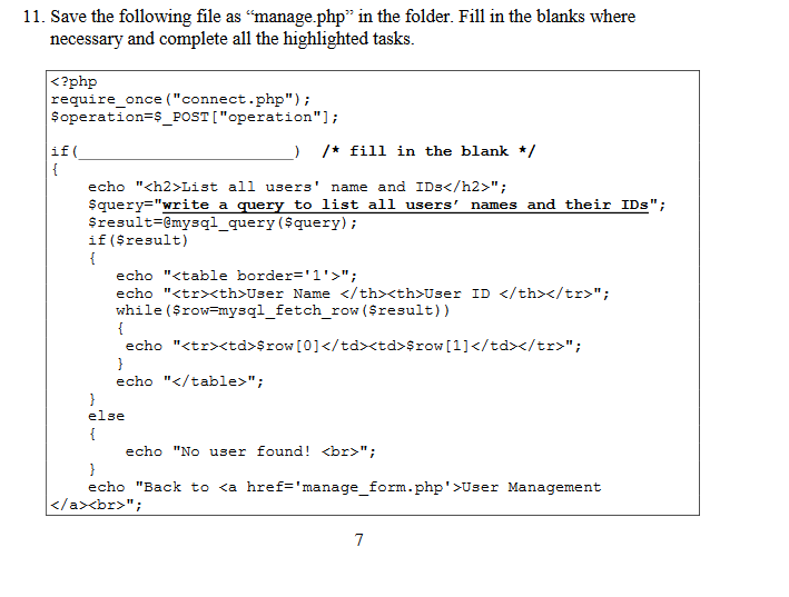 11 Save Following File Manage Php Folder Fill Blanks Necessary Complete Highlighted Tasks 2033