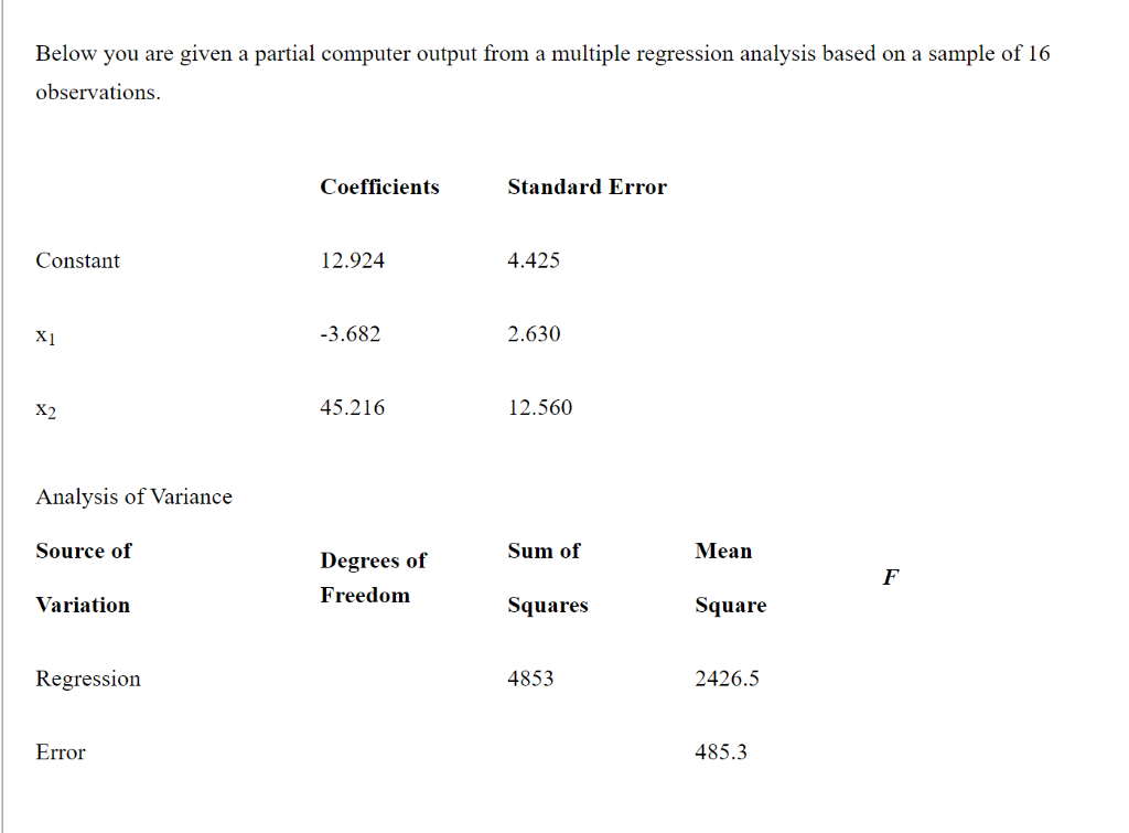 Solved Below You Are Given A Partial Computer Output From A 