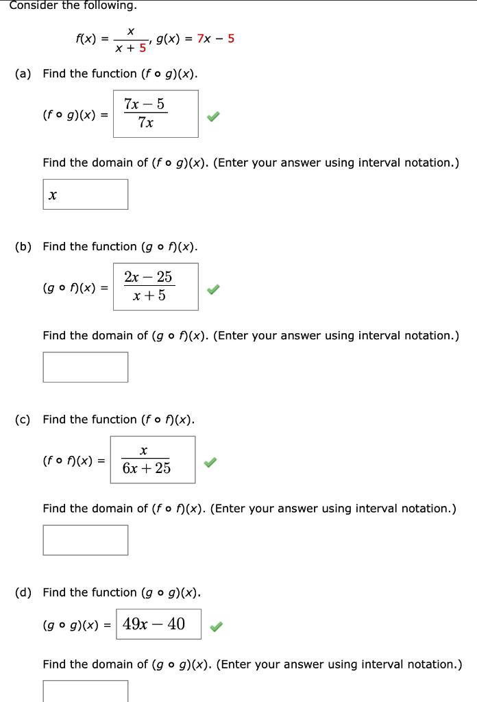 Solved Consider the following. f(x)=x+5x,g(x)=7x−5 (a) Find | Chegg.com