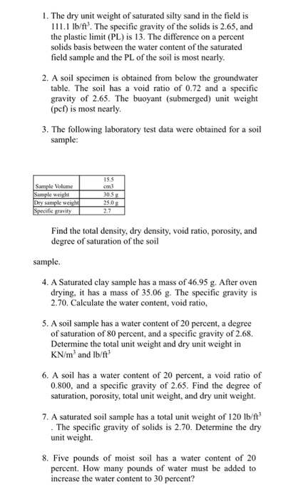 Solved 1. The dry unit weight of saturated silty sand in the | Chegg.com