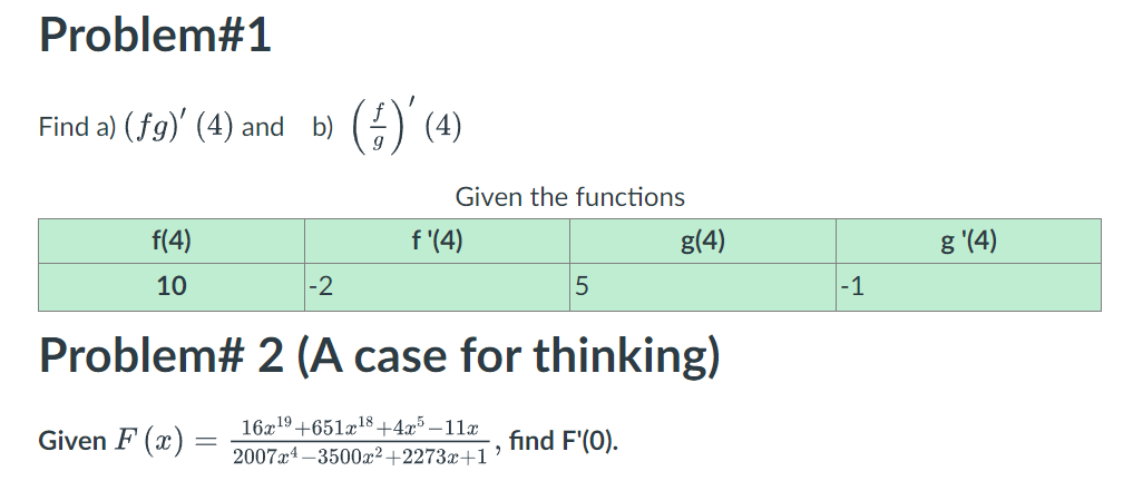 Solved Find a) (fg)′(4) and b) (gf)′(4) Given the functions | Chegg.com
