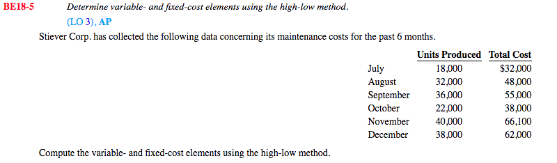 Solved BE18-5 Determine variable- and fixed-cost elements | Chegg.com