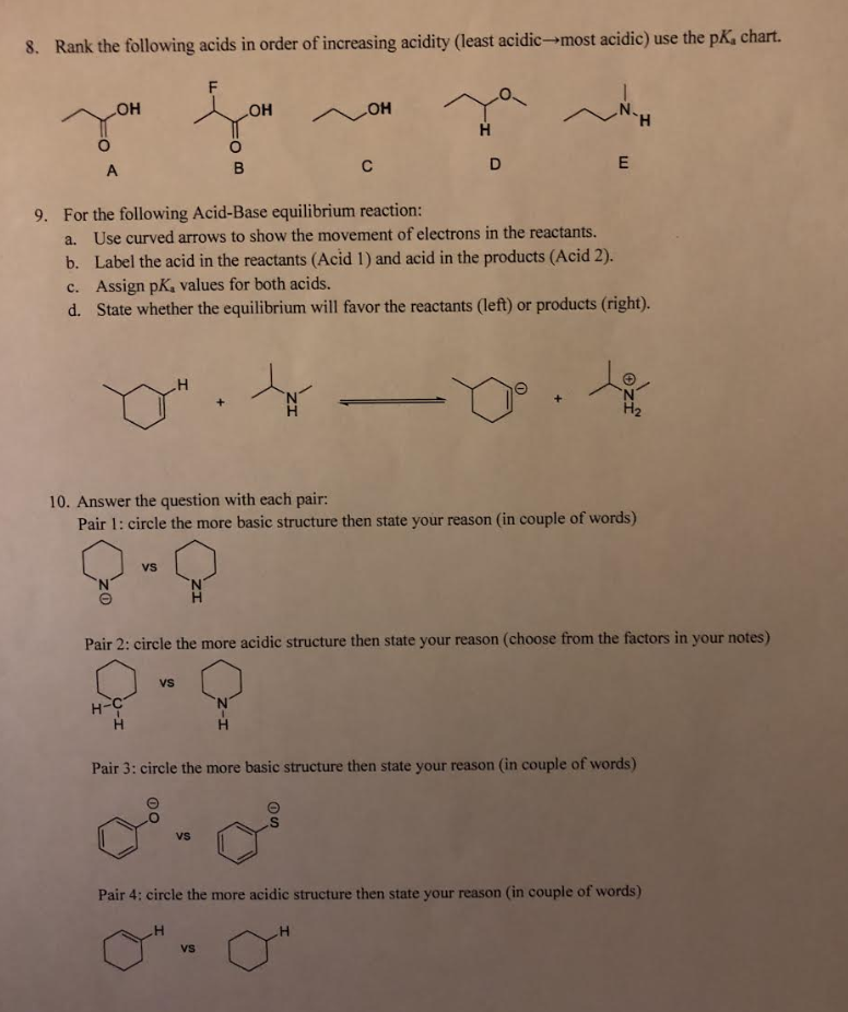Solved 8. Rank the following acids in order of increasing | Chegg.com