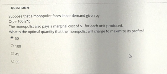 Solved QUESTION 9 Suppose that a monopolist faces linear | Chegg.com