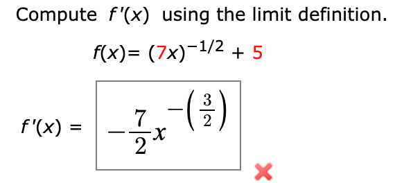 Solved Compute f'(x) using the limit definition. f(x)= | Chegg.com