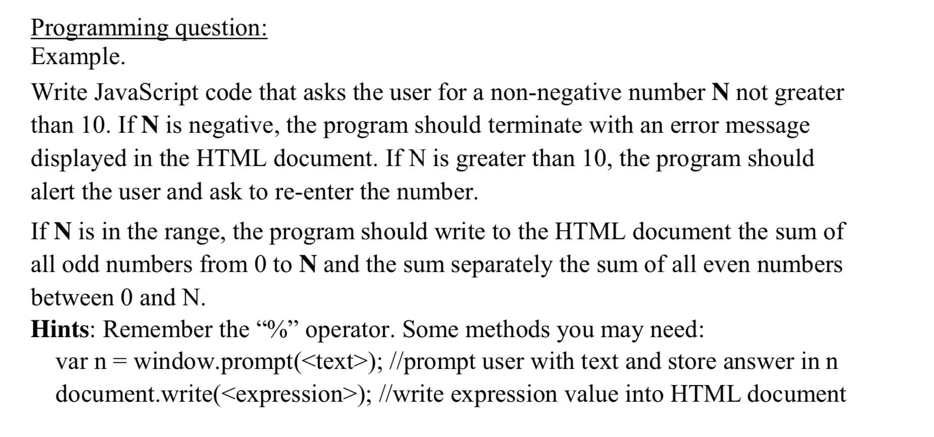 Solved Programming Question Example Write Javascript Code 1963