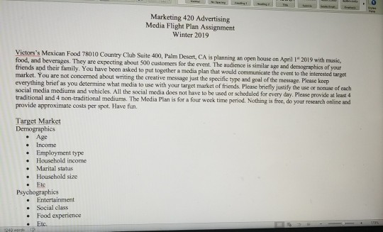 Marketing 420 Advertising Media Flight Plan | Chegg.com