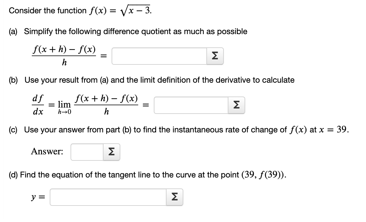 Solved Consider the function f(x) = Vx – 3. = (a) Simplify | Chegg.com