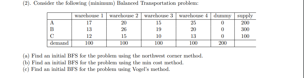 Solved (2). Consider the following (minimum) Balanced | Chegg.com