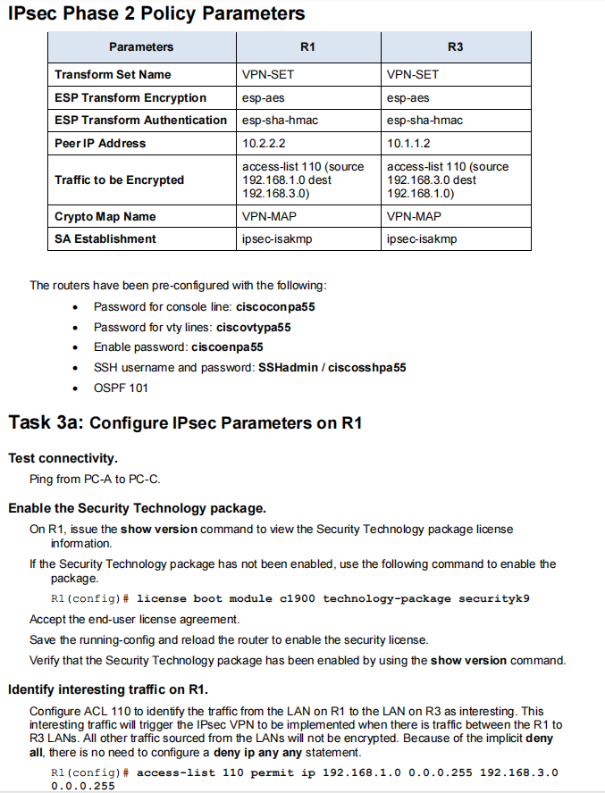 R3 VPN-SET IPsec Phase 2 Policy Parameters Parameters | Chegg.com