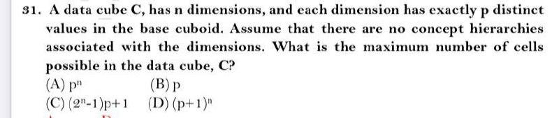 Solved 31. A data cube C, has n dimensions, and each | Chegg.com
