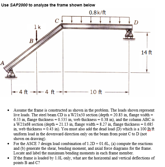 Use SAP2000 to analyze the frame shown below 0.8k/ft | Chegg.com