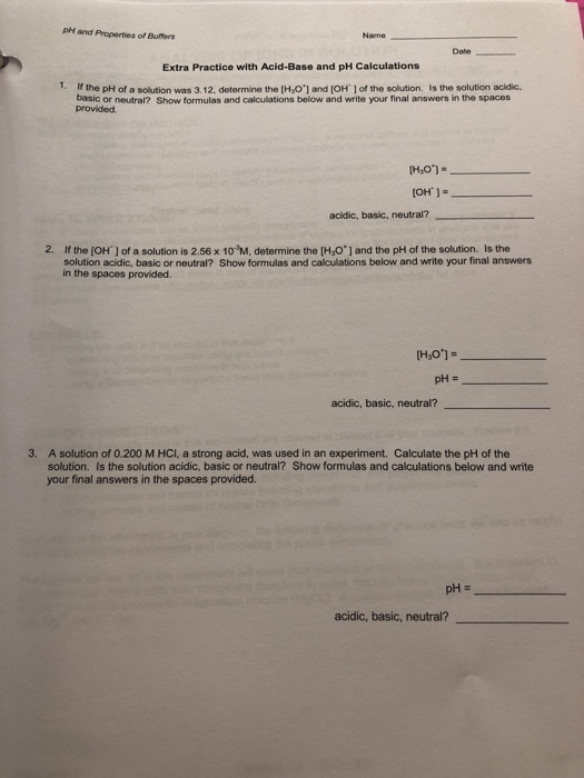 Solved pH and Properties of Buffers Name Date Extra Practice | Chegg.com
