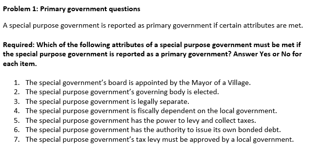Problem 1: Primary government questions A special | Chegg.com