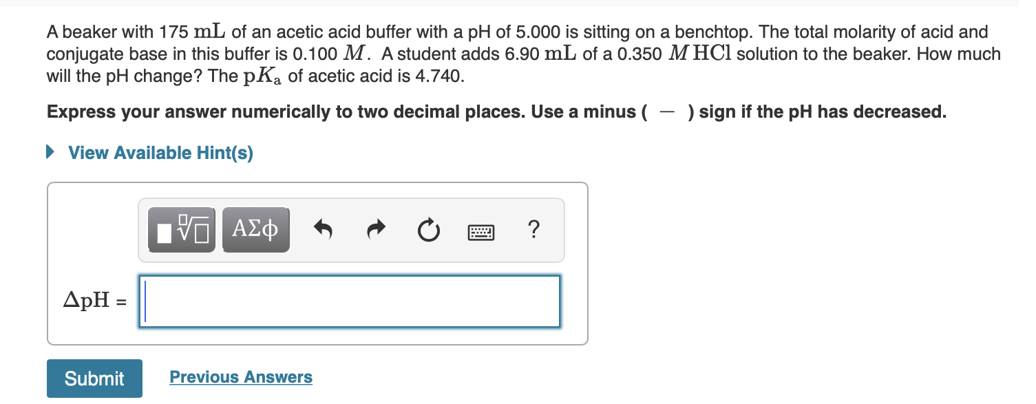 Solved A beaker with 175 mL of an acetic acid buffer with a | Chegg.com