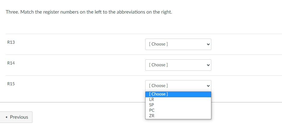 Solved Three. Match the register numbers on the left to the | Chegg.com