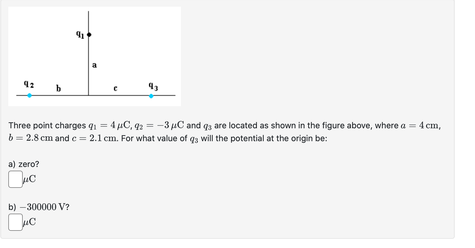Solved Three Point Charges Q1 4μc Q2 −3μc And Q3 Are Located