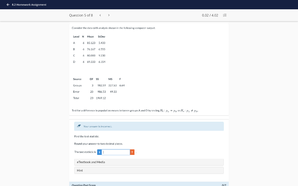 Solved & B.2 Homework Assignment Question 5 of 8 0.02 / | Chegg.com