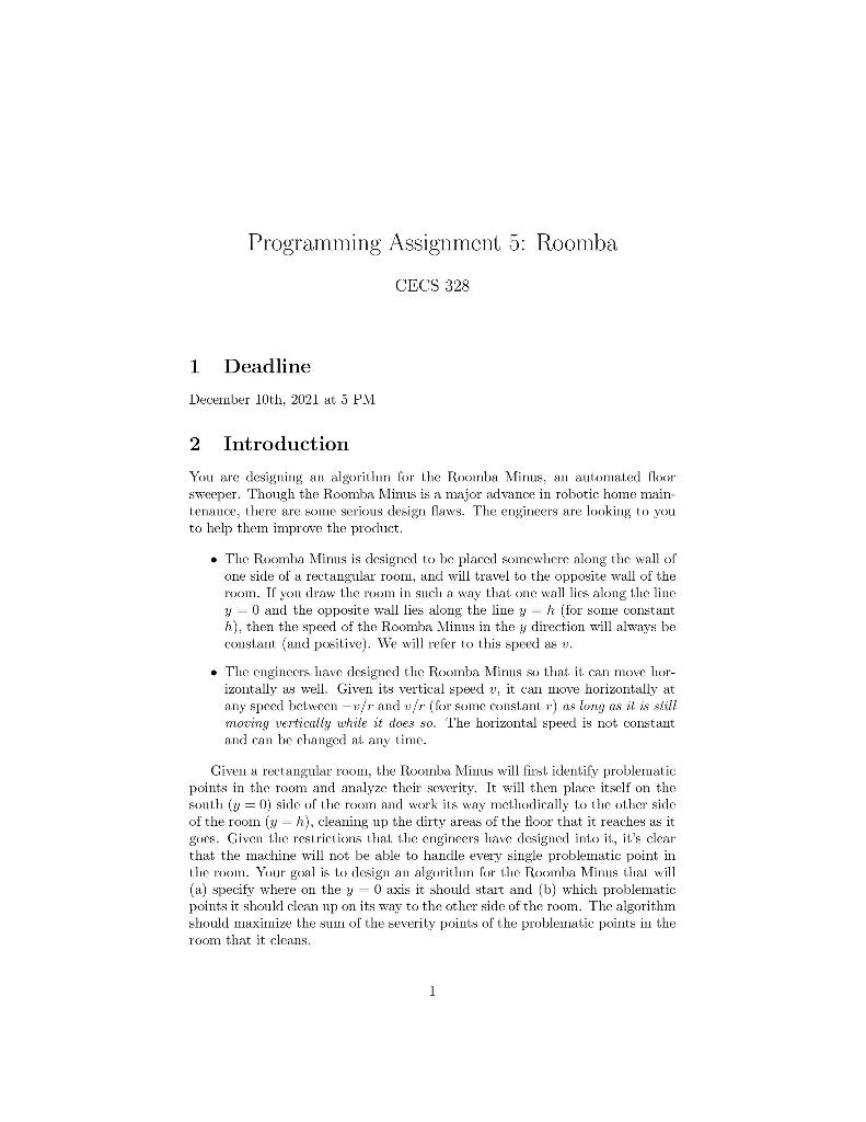 Programming Assignment 5: Roomba CECS 328 1 Deadline | Chegg.com