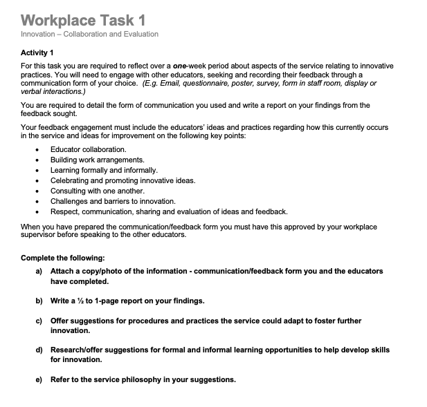 Workplace Task 1 Innovation - Collaboration and | Chegg.com