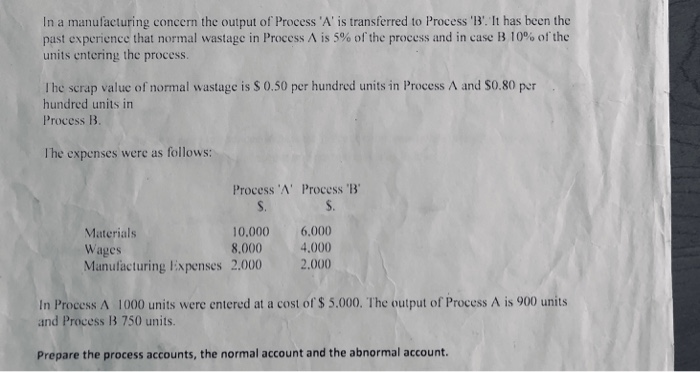 Solved In a manufacturing concern the output of Process 'A' | Chegg.com