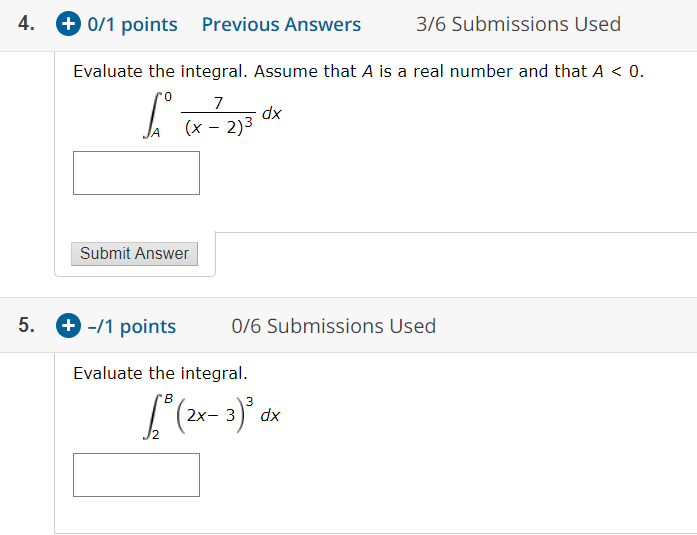 Solved +-/1 points 1. 0/6 Submissions Used Evaluate the | Chegg.com