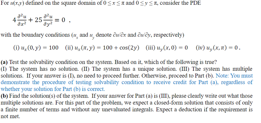 Solved For u(x,y) defined on the square domain of 0≤x≤π and | Chegg.com