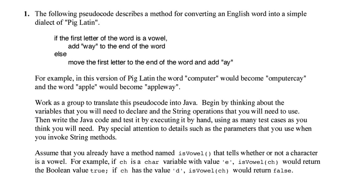 Solved 1. The following pseudocode describes a method for | Chegg.com