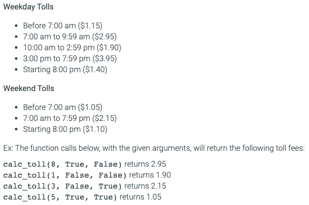 Solved Write a python function called calc_toll() that has | Chegg.com