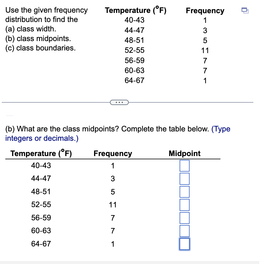 Solved (b) What are the class midpoints? Complete the table | Chegg.com