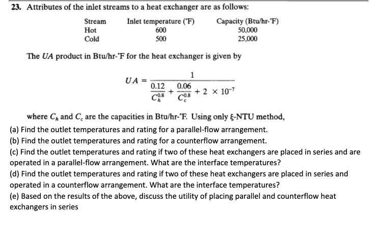 23. Attributes of the inlet streams to a heat | Chegg.com