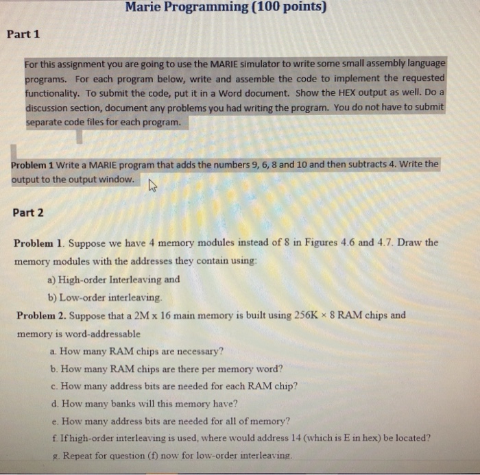 Solved Marie Programming 100 Points Part 1 For This